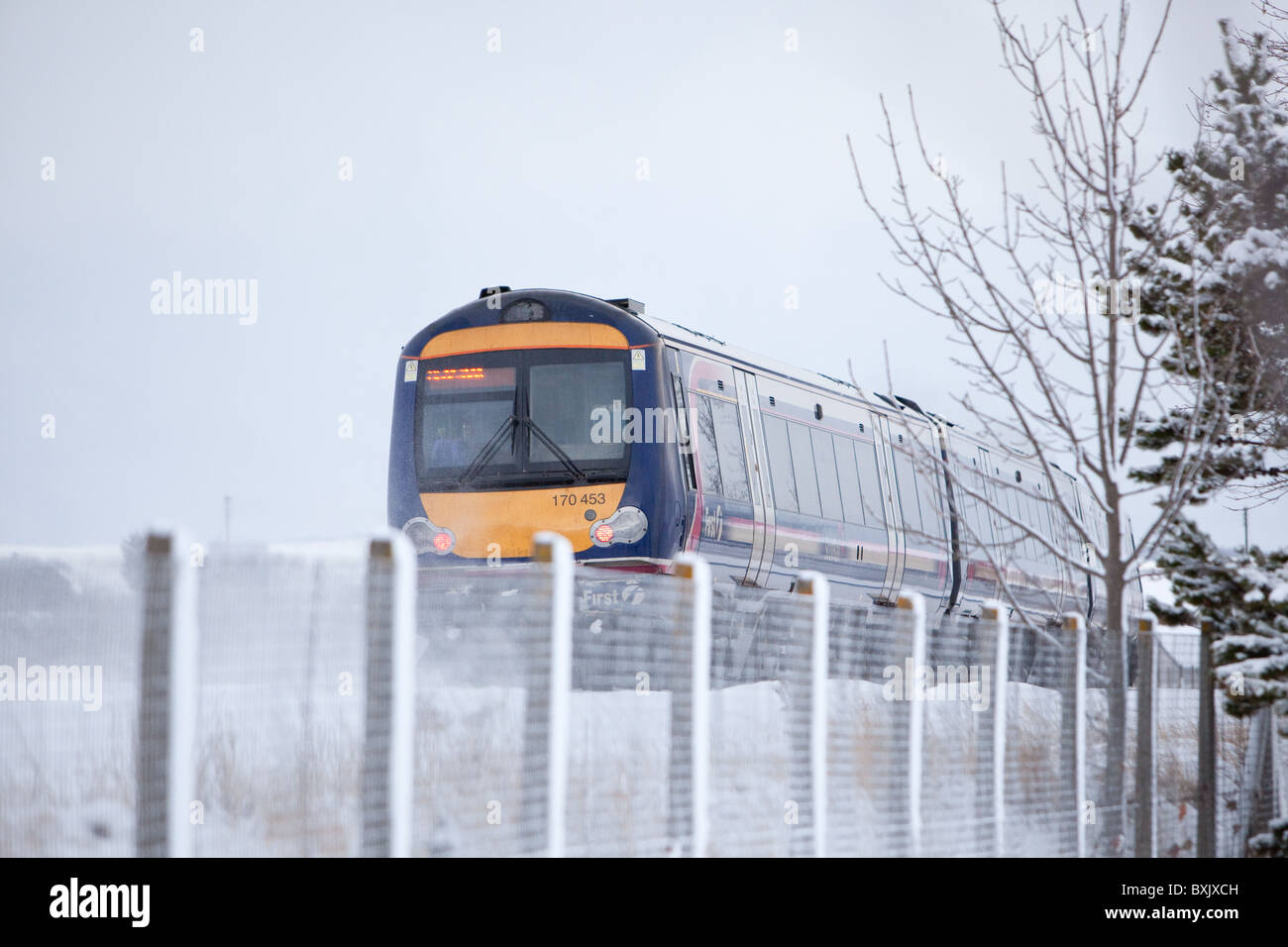 Local commuter train service running in winter scenery Montrose east ...