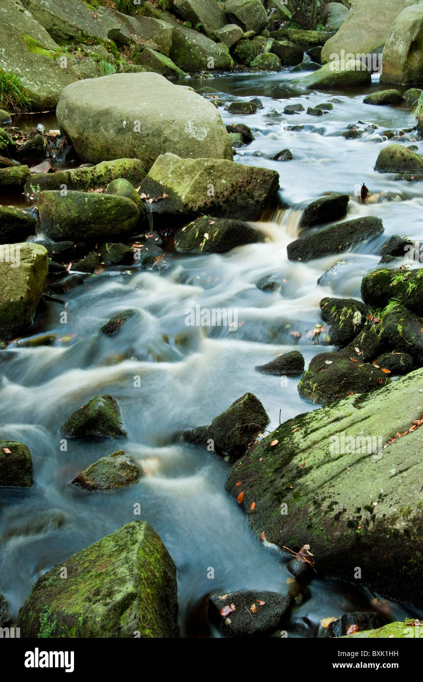 Burbage Brook flowing over rocks through Padley Gorge, Peak District ...