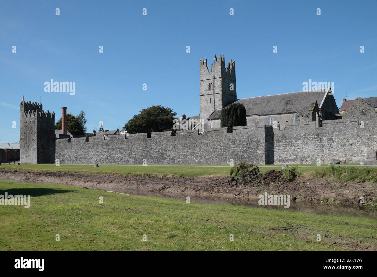 The old medieval wall with the Holy Trinity Church of Ireland church in ...
