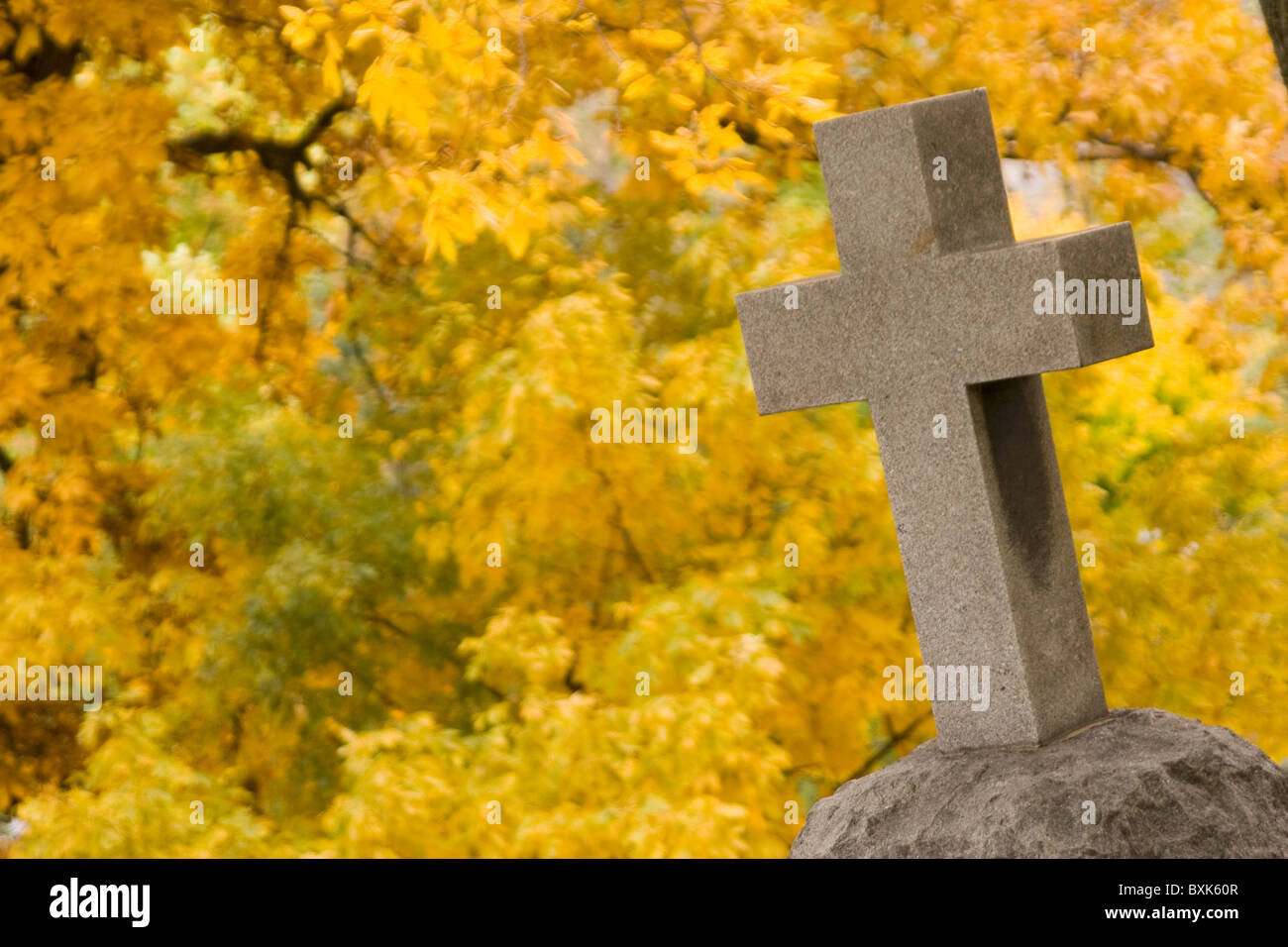 Stone cross with autumn trees background Stock Photo - Alamy
