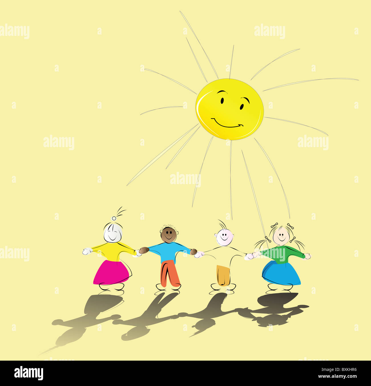 multiracial kids holding their hands and smiling sun Stock Photo - Alamy