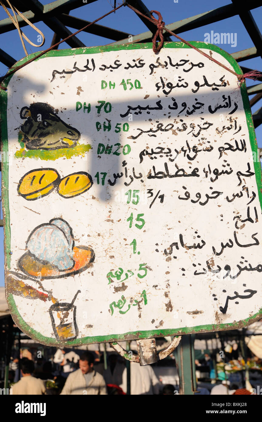 Food stall menu board at busy Djemaa el-Fna meeting place in Marrakech ...