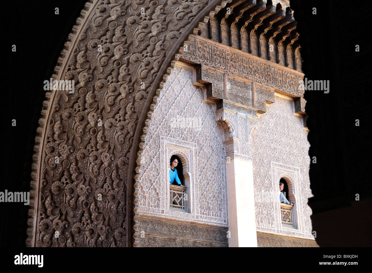 Stucco arch with dormitory window at Ben Youssef Medersa Stock Photo ...
