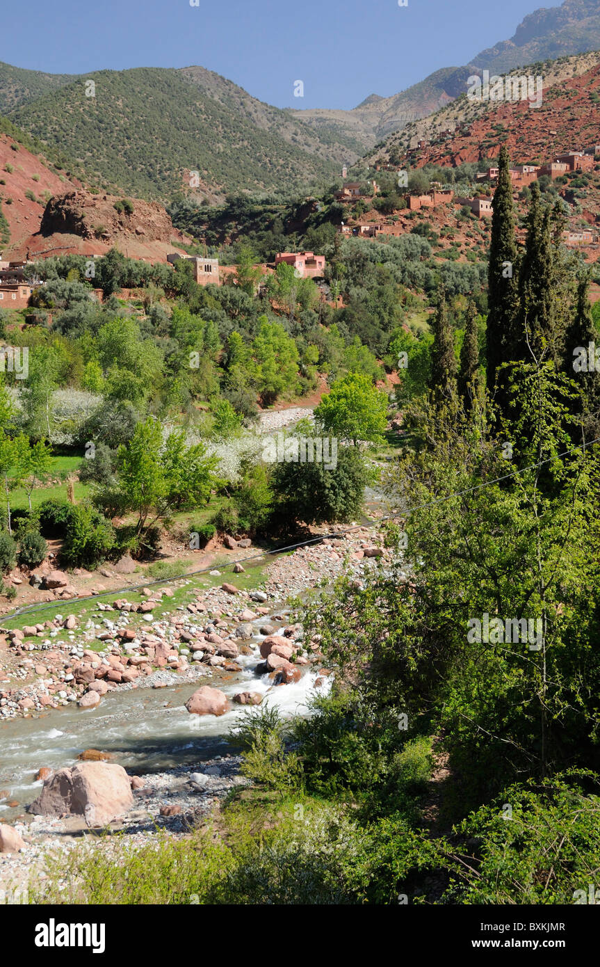 Valley views & river, nr Oulmes, Ourika Valley Stock Photo - Alamy