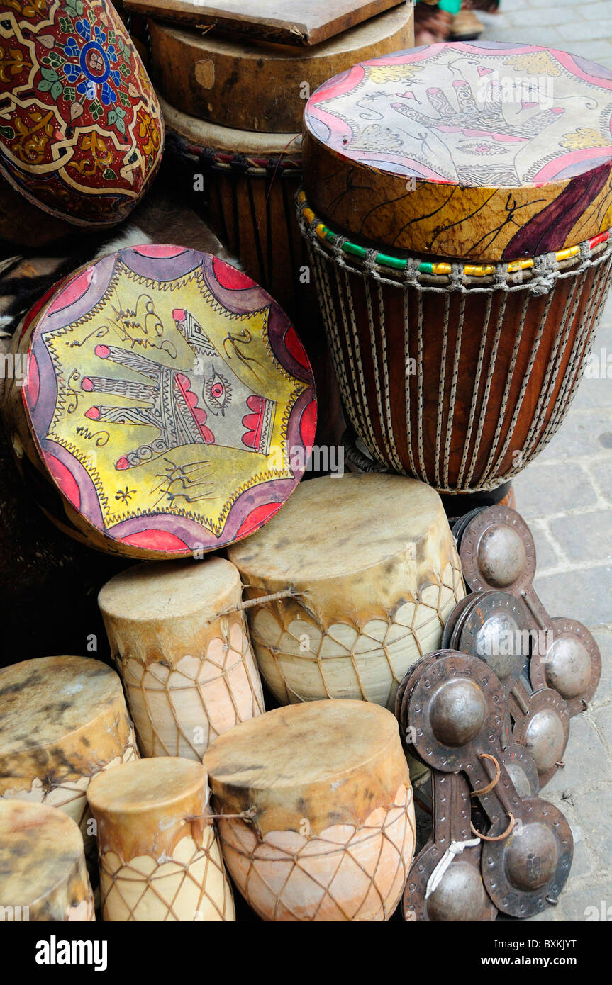 Drums for sale on a Music stall to Souk Smarine in Marrakech Stock ...
