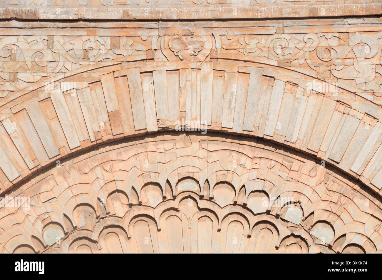 View of Bab Agnaou stone gate arch detail near Kasbah in Marrakech ...