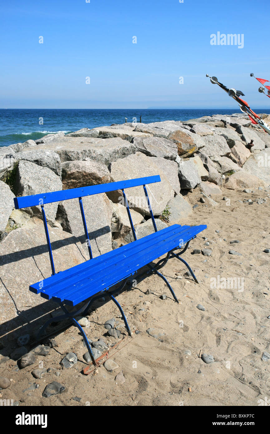 Blue bench on the beach Stock Photo - Alamy