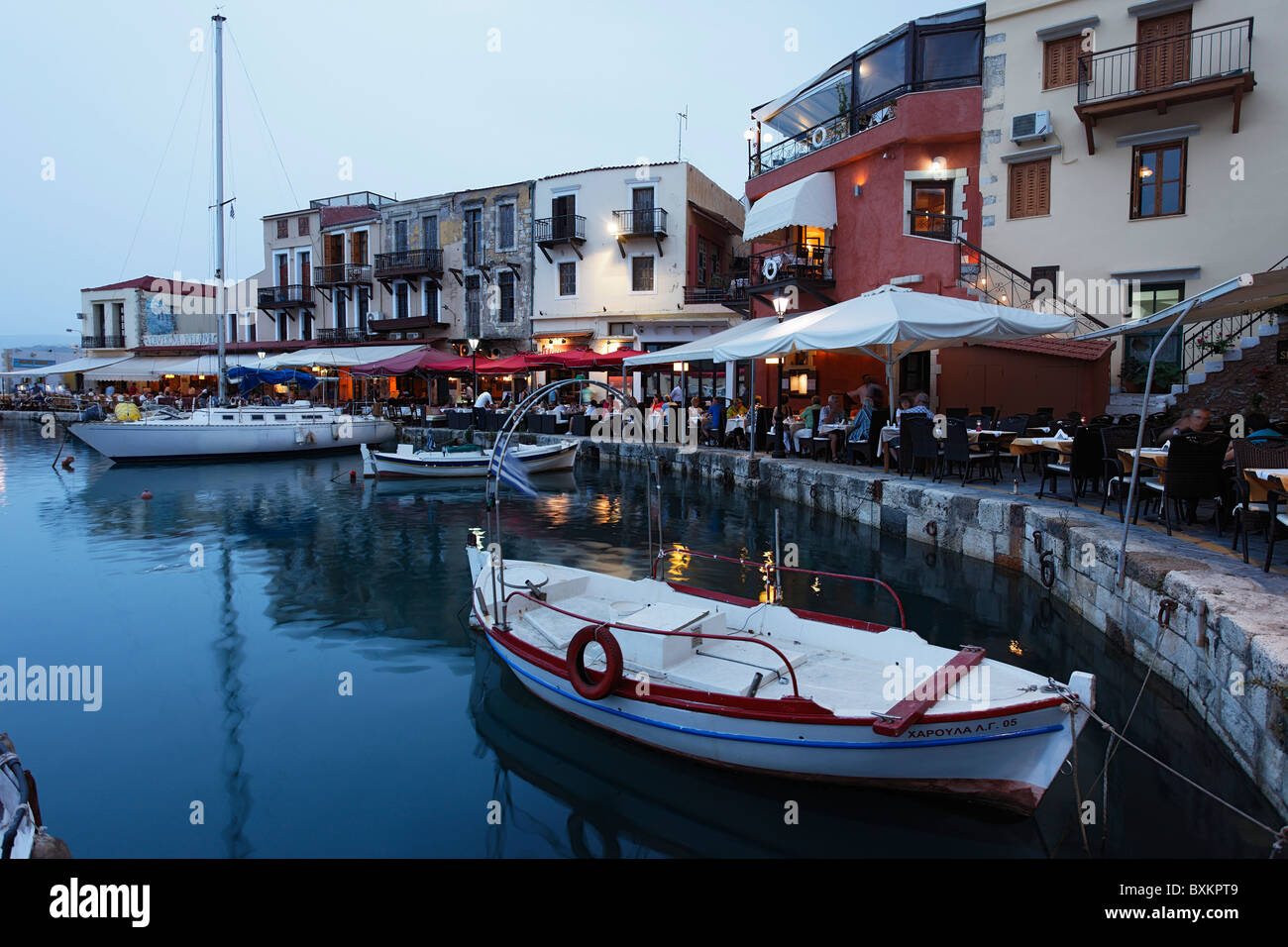 Old venetian port in the evening, Rethymnon, Crete, Greece Stock Photo ...