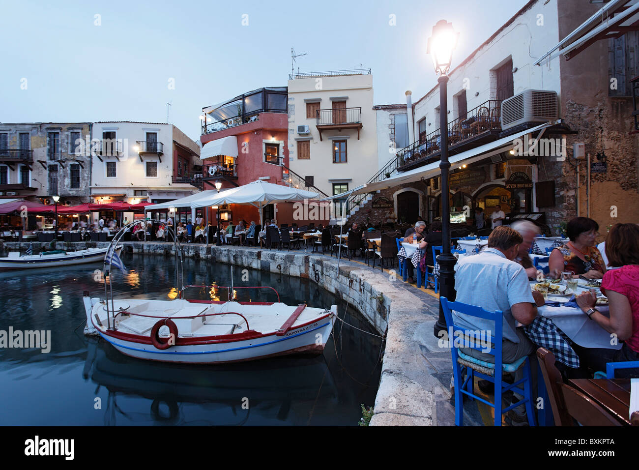 Old venetian port in the evening, Rethymnon, Crete, Greece Stock Photo ...