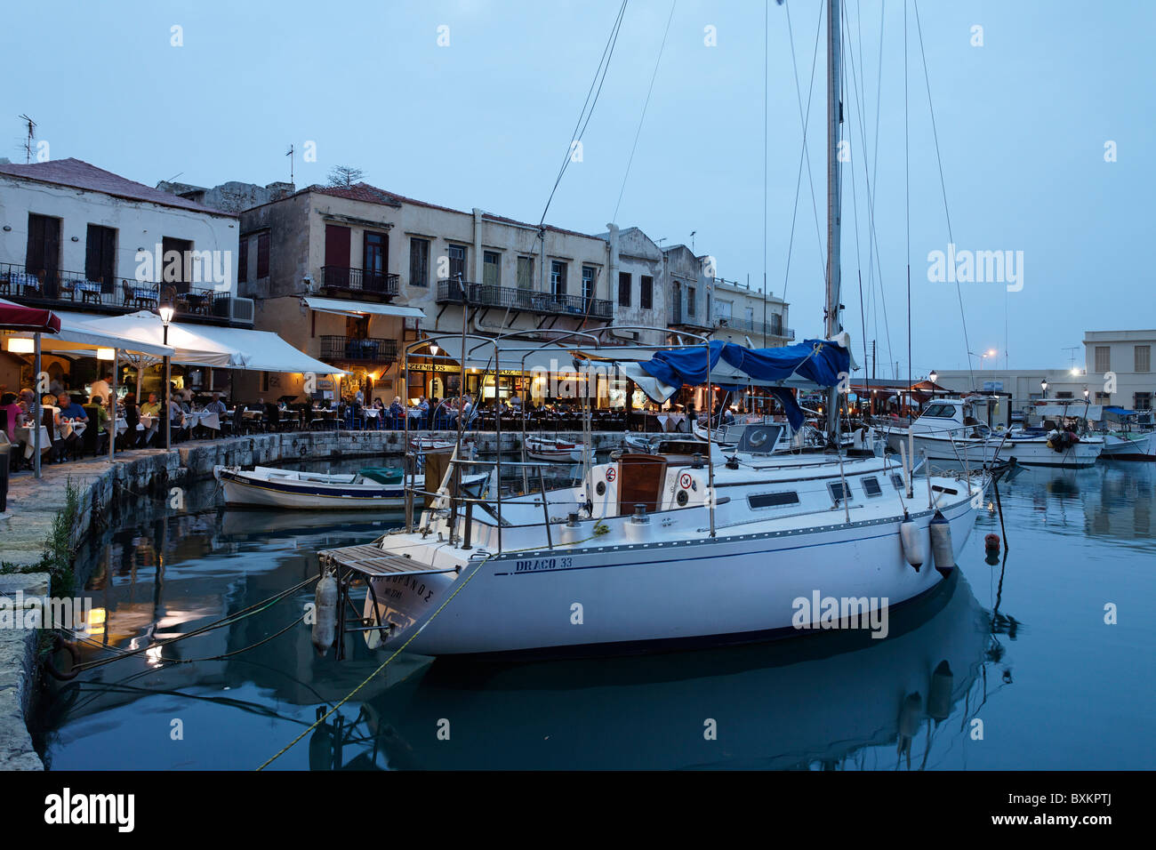 Old venetian port in the evening, Rethymnon, Crete, Greece Stock Photo ...