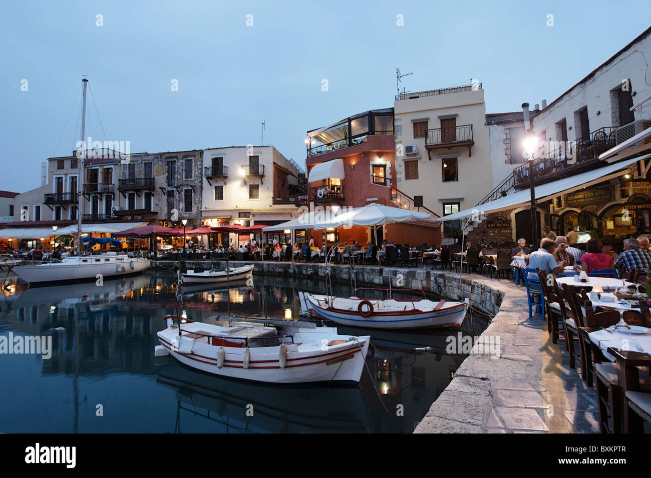 Old venetian port in the evening, Rethymnon, Crete, Greece Stock Photo ...