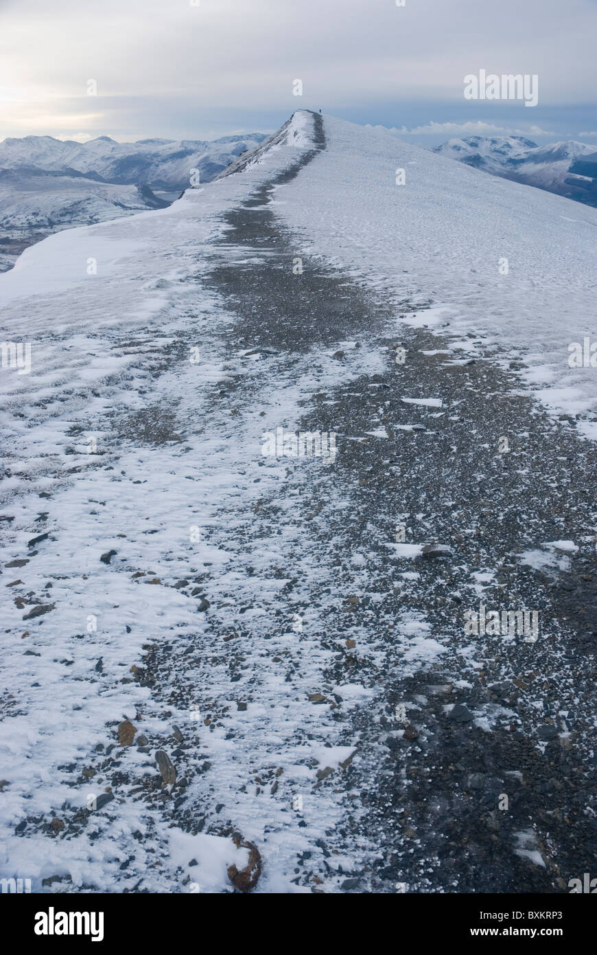 A winter view along Blencathra summit ridge, Lake District, Cumbria ...