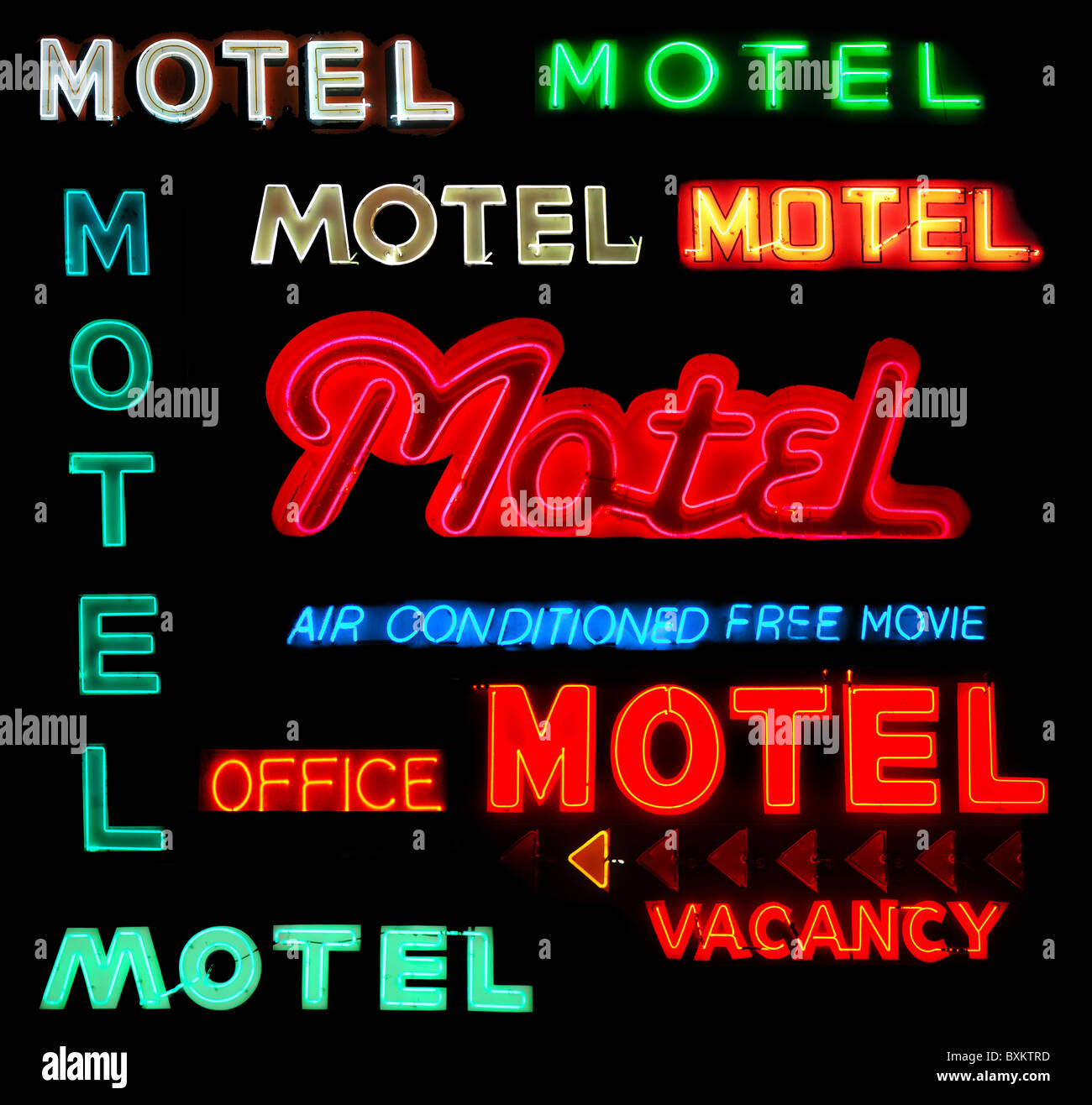 Collage of motel neon signs isolated on black background Stock Photo ...