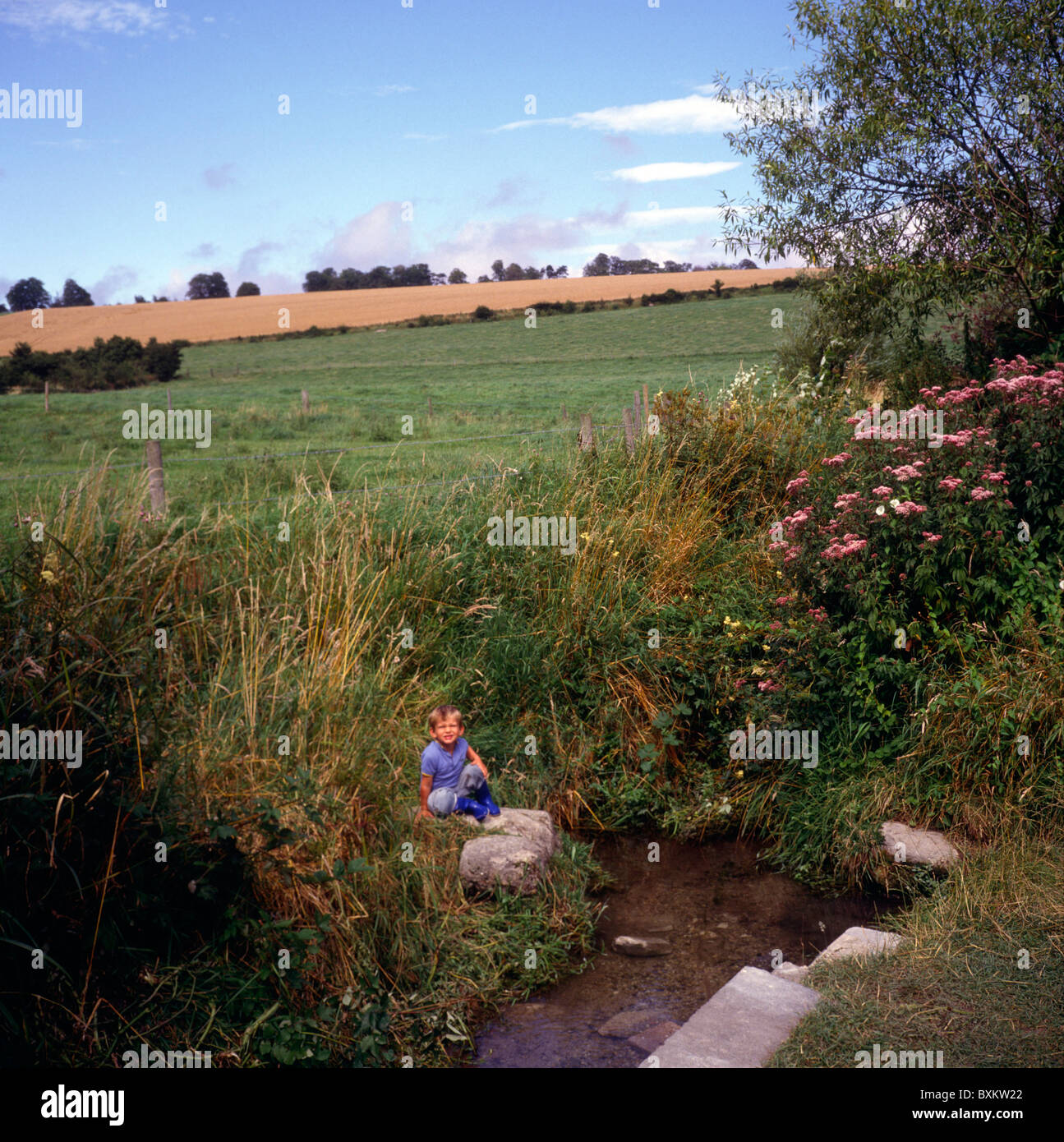 Young boy playing by stream Stock Photo - Alamy