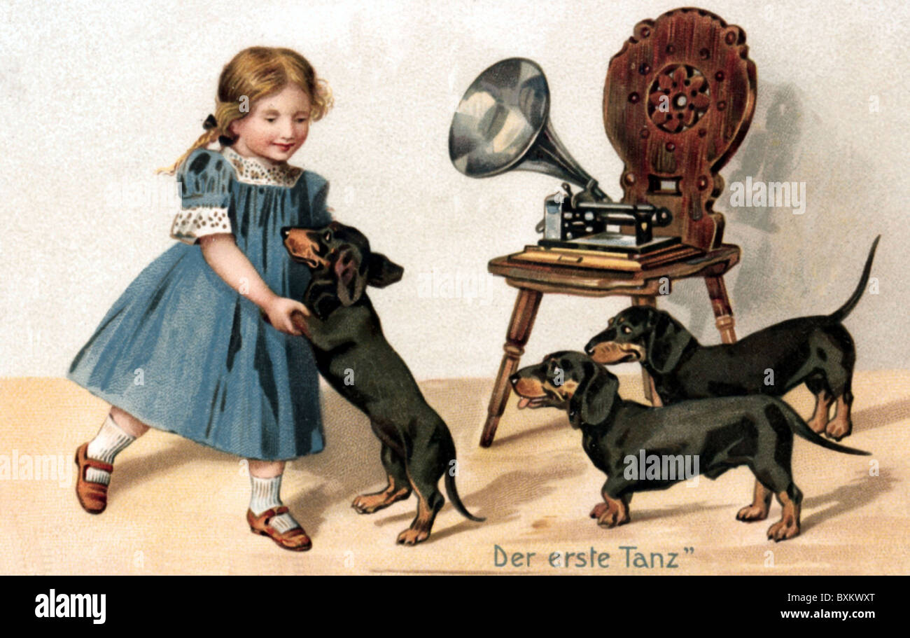 music, phonograph, trumpet, child is dancing with dogs, Austria, 1905 ...
