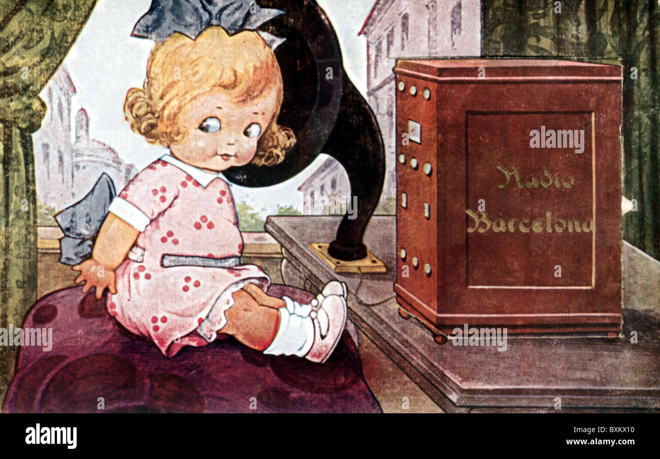 broadcast, radio, child is listening to the radio, with funnel ...