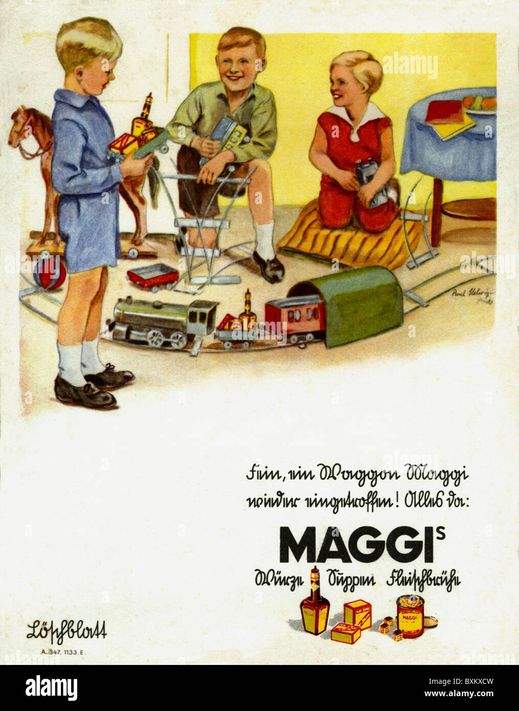 toy, model railway, boys and girls playing with toy train, advertising ...