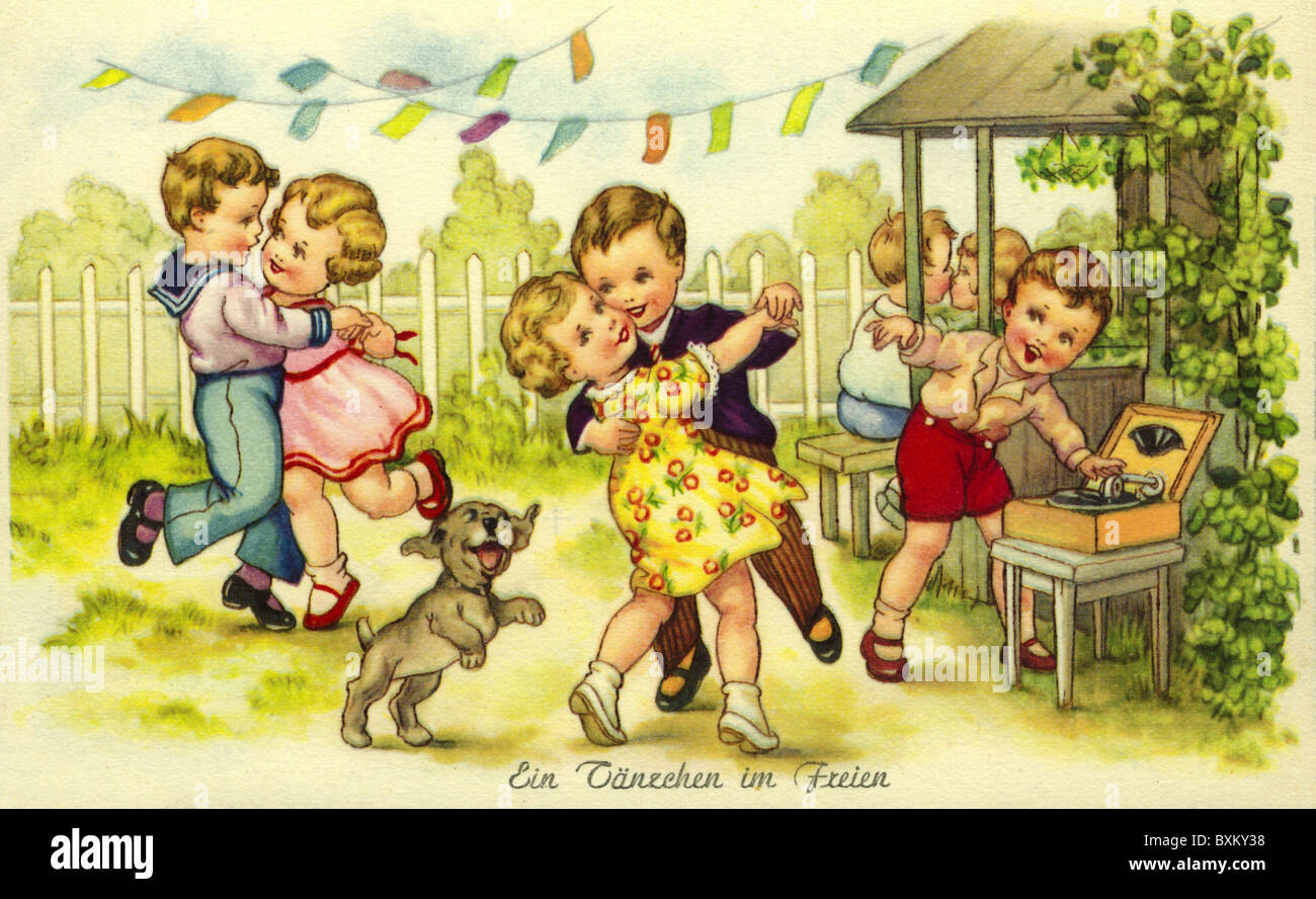 kitsch / souvenir, children dancing to music of a gramophone, Germany ...
