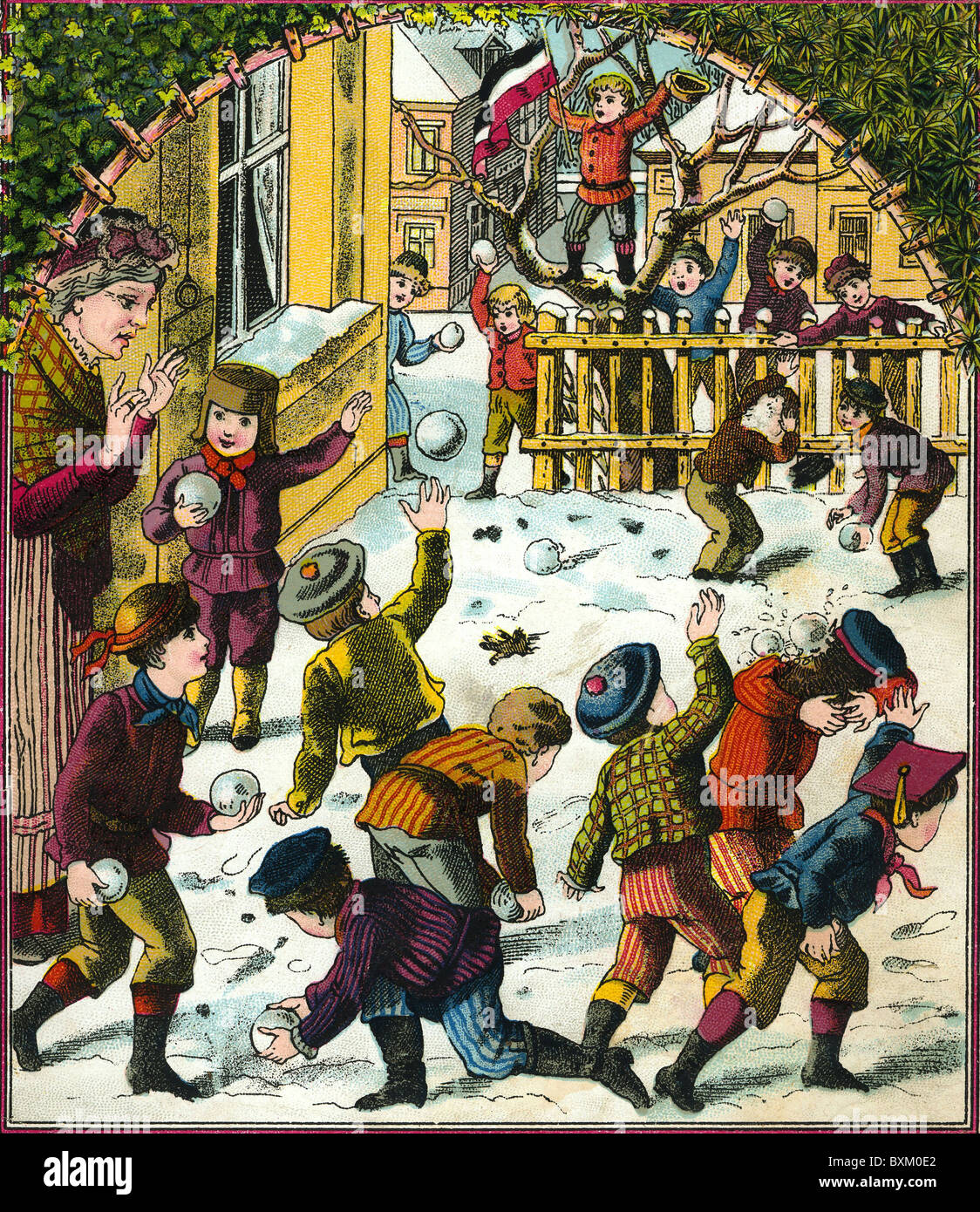 people, children, playing, snowball fight, illustration, lithograph ...