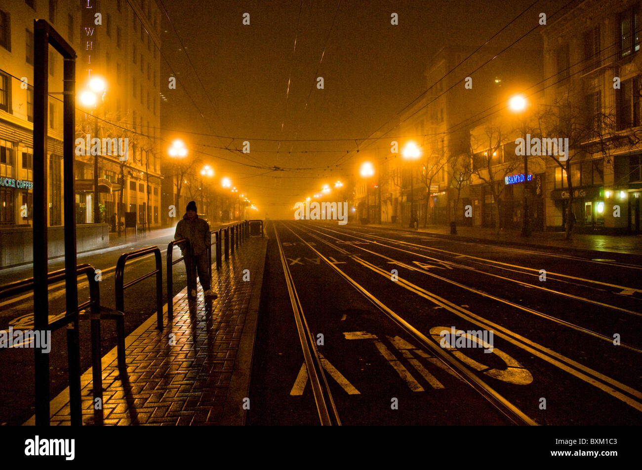 Moody street scene in early morning fog in San Francisco CA USA Stock ...