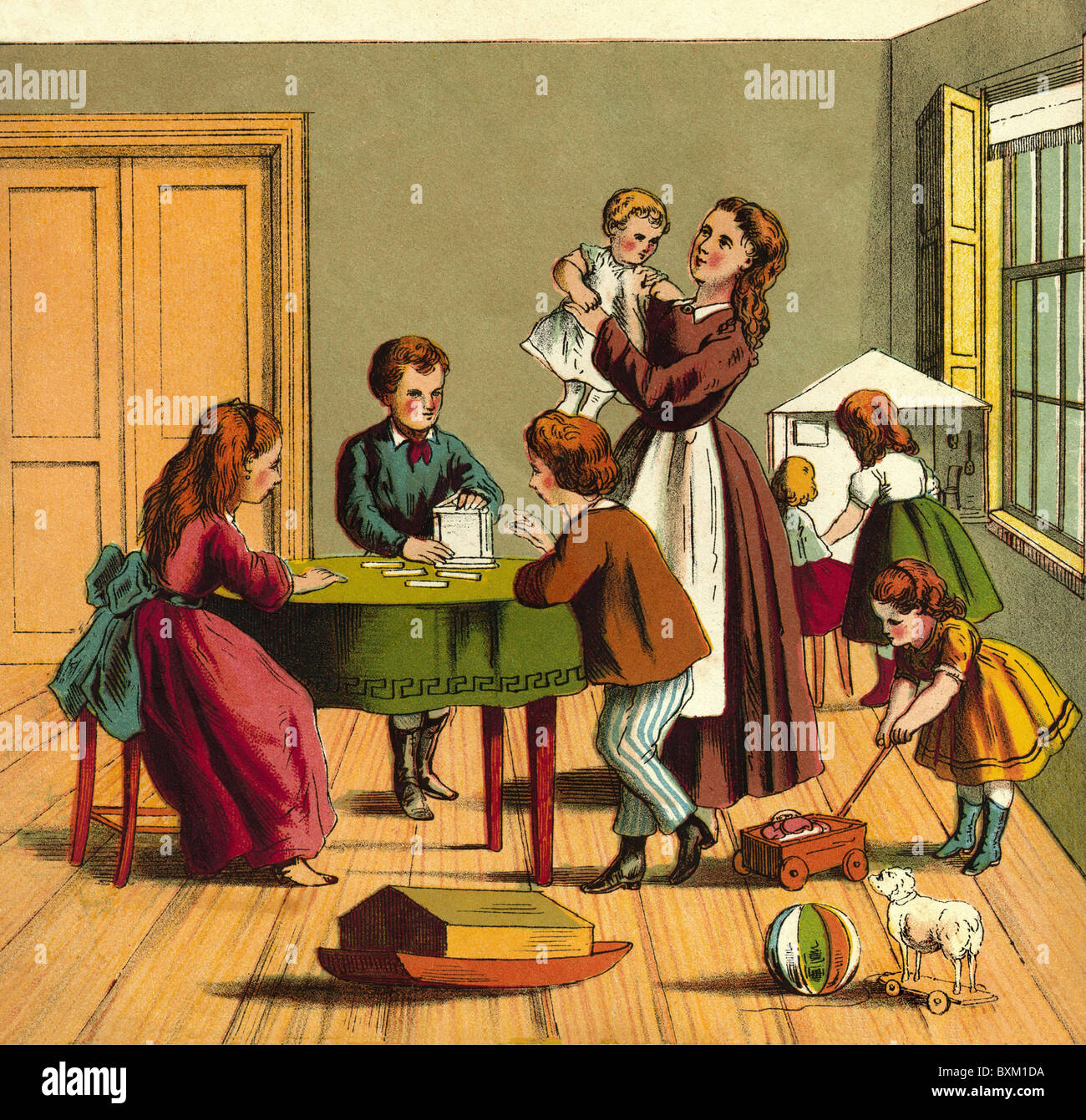 people, family with many children, mother od nanny playing with kids ...