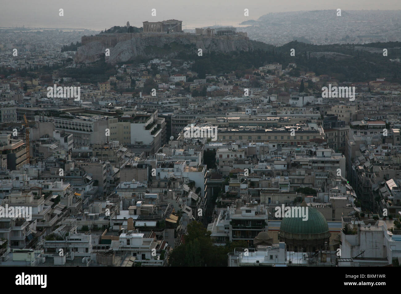 View to the Acropolis of Athens from Mount Lycabettus in Greece Stock ...