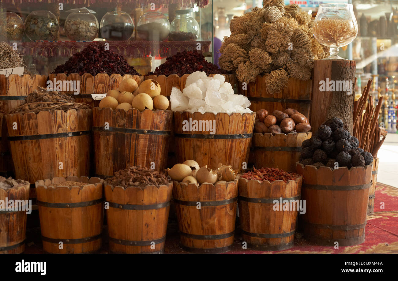 Natural food items and medical herbs in tub containers Stock Photo - Alamy