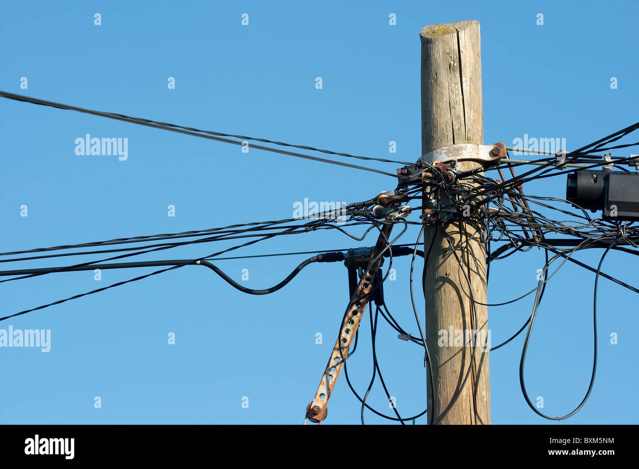 Lots of messy wires on a wooden pillar Stock Photo - Alamy