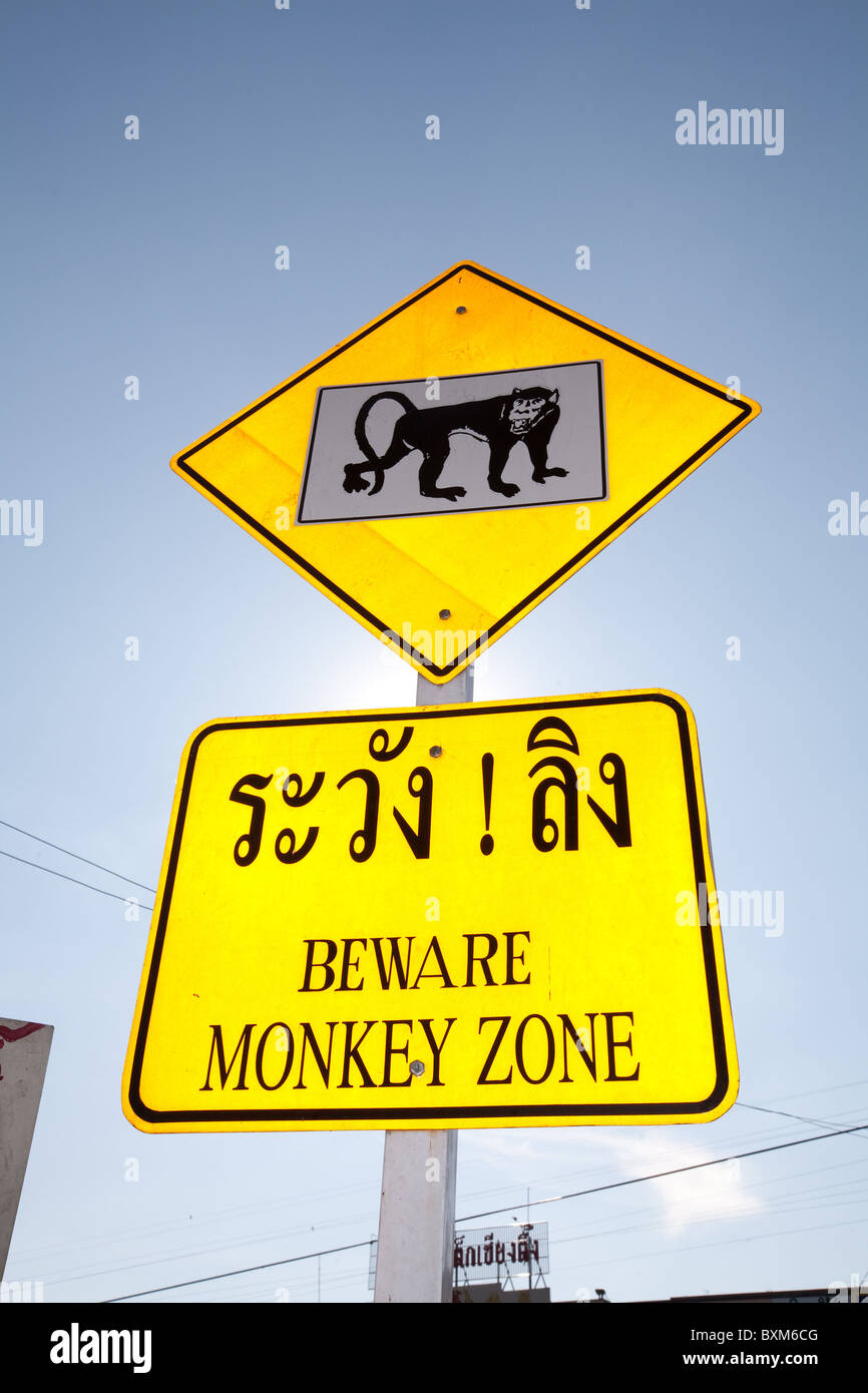 Beware: Monkey Zone Sign warning drivers about free running Crab-eating ...