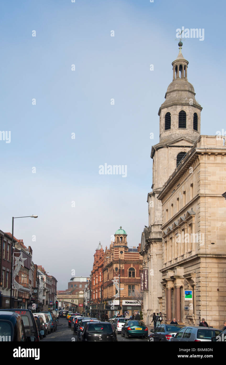 Worcester city centre, England. Looking down 'The Cross' and 'Foregate ...