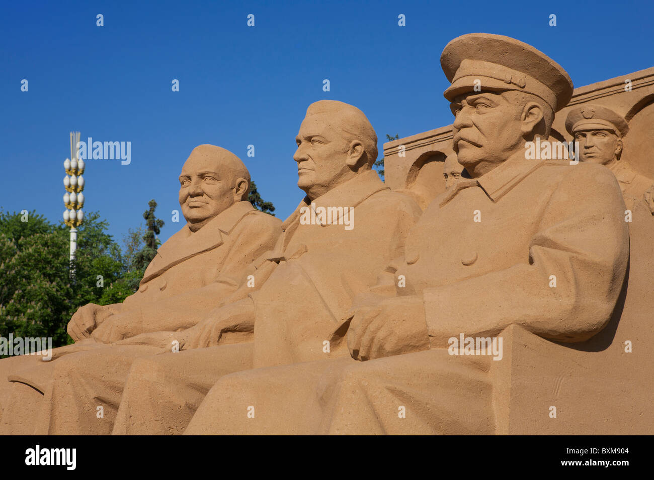 Sand sculpture of the "Big Three" of the Yalta Conference in 1945 at ...