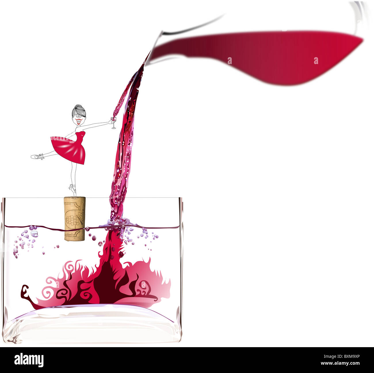 A ballerina holding a wine glass and balancing on a cork gets wine ...