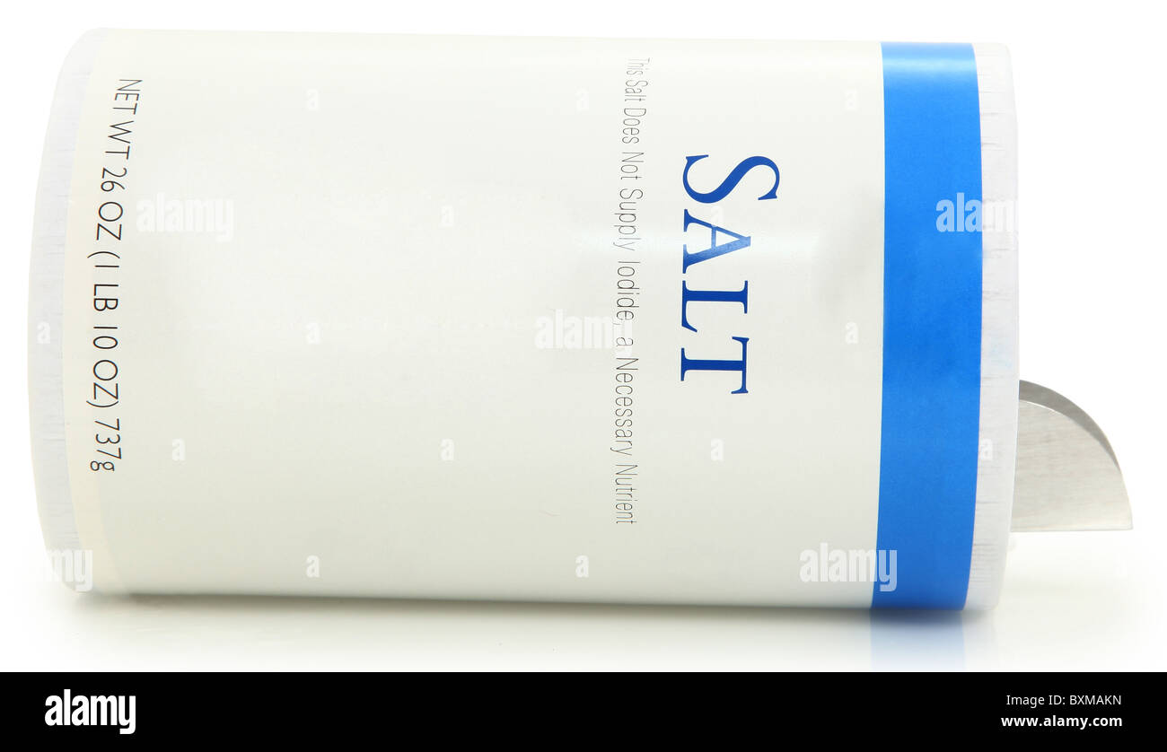 Bottle of salt with blank label. 26oz. Iodine free Stock Photo - Alamy