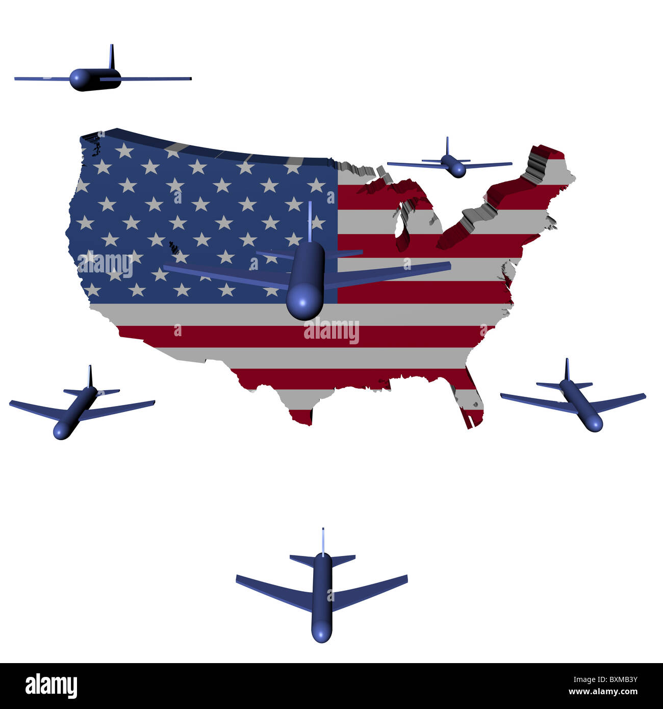 Abstract planes flying from USA map flag illustration Stock Photo - Alamy