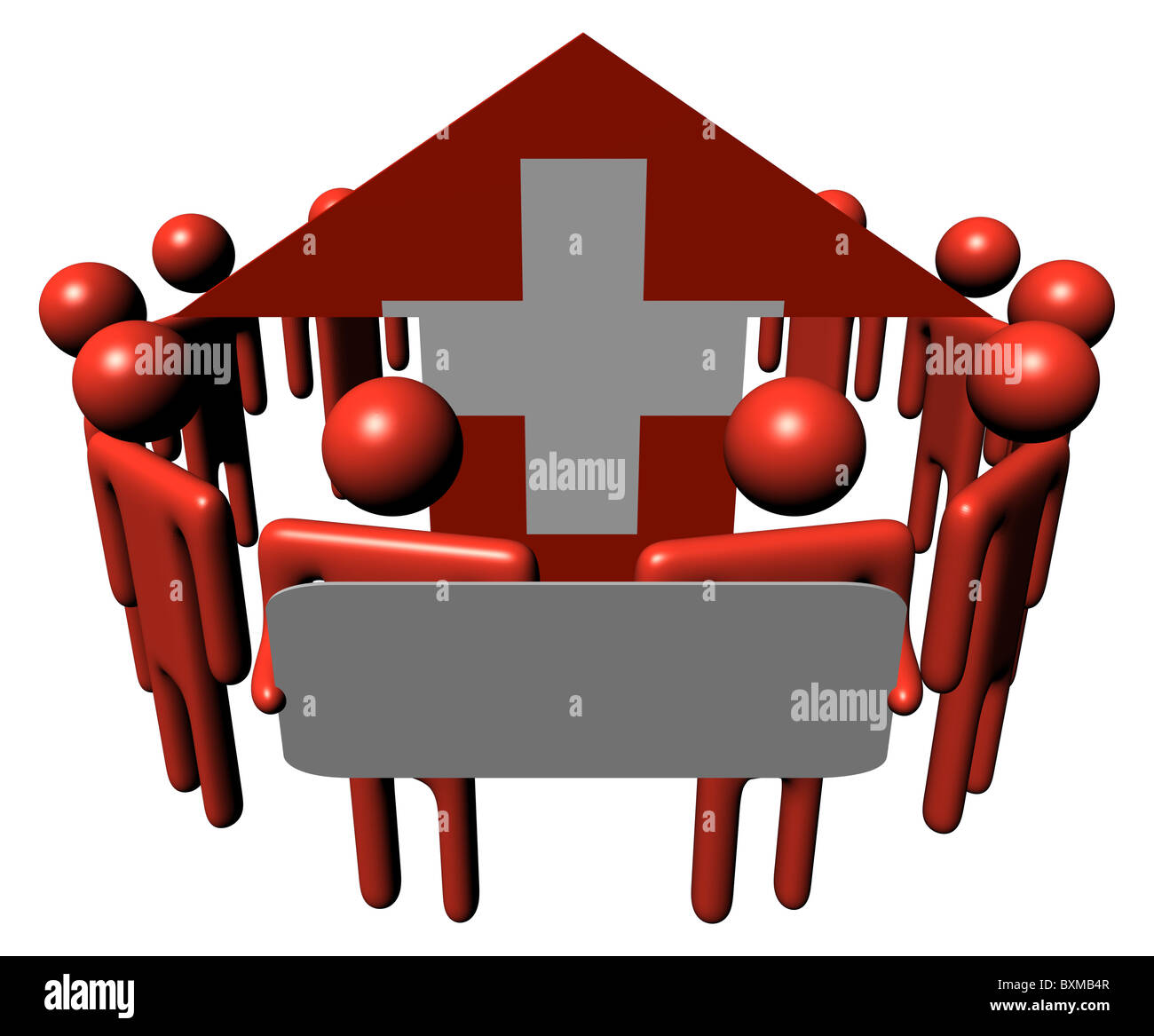 Circle of abstract people with sign around Swiss flag arrow ...