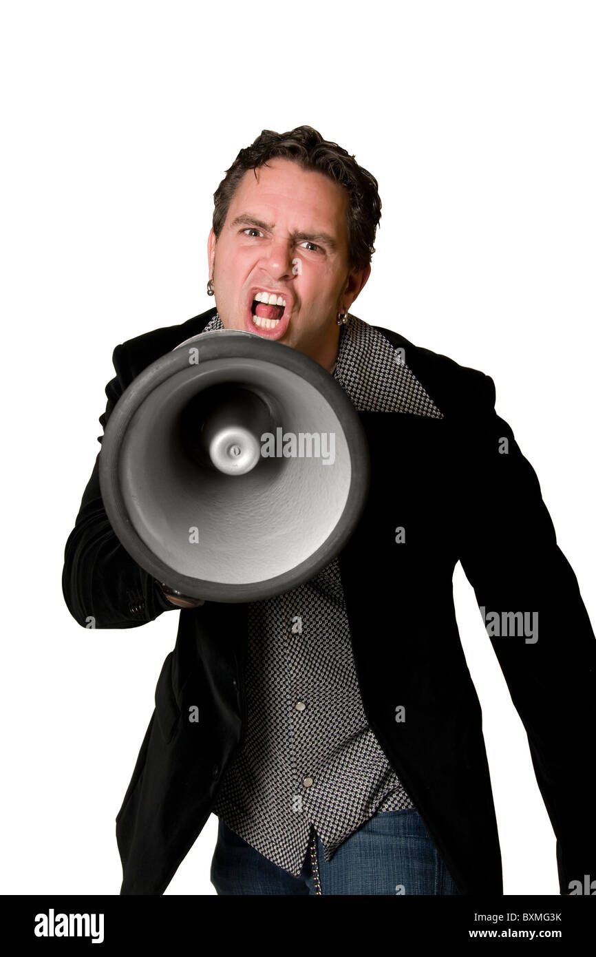 Man screaming with megaphone isolated on white background Stock Photo ...
