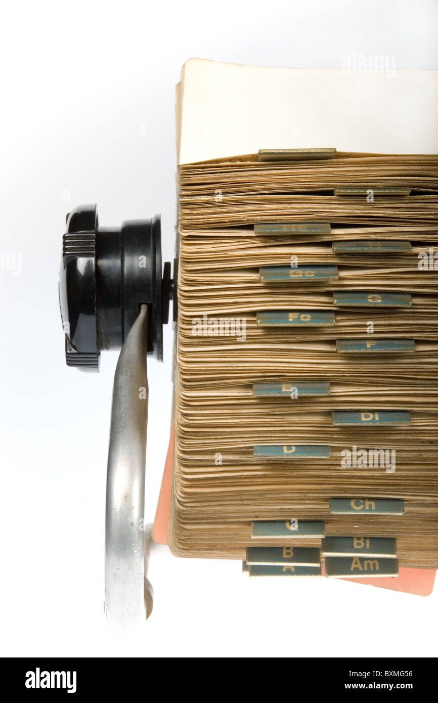 Close-up of vintage rotary card file holder on white background Stock ...