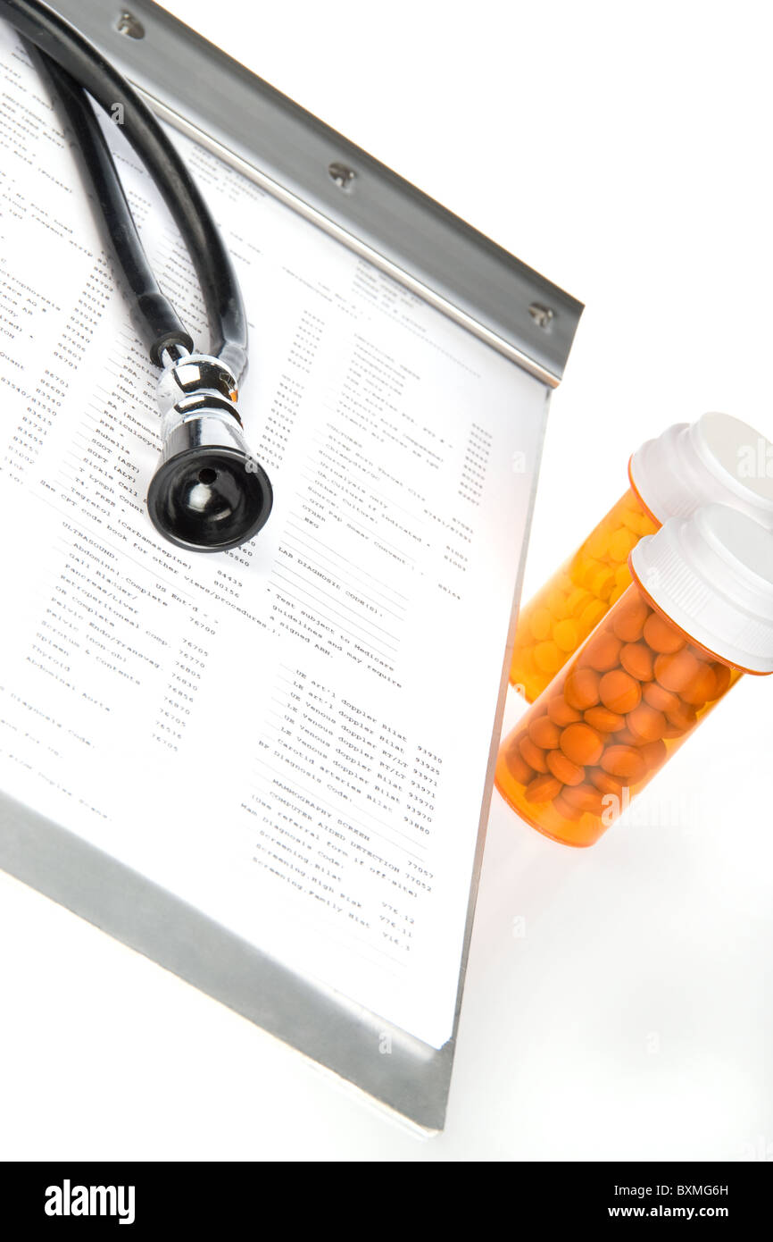 Health care concept featuring lab test results, pill bottles and ...