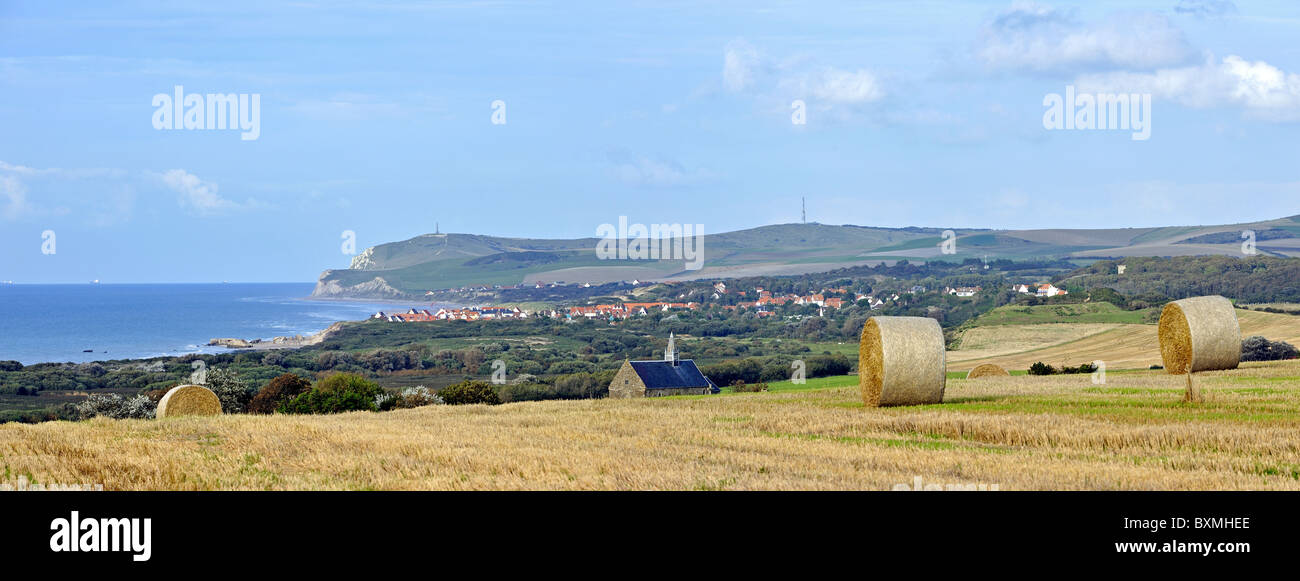 Mowed field and view over the village Escalles and Cap Blanc Nez with ...
