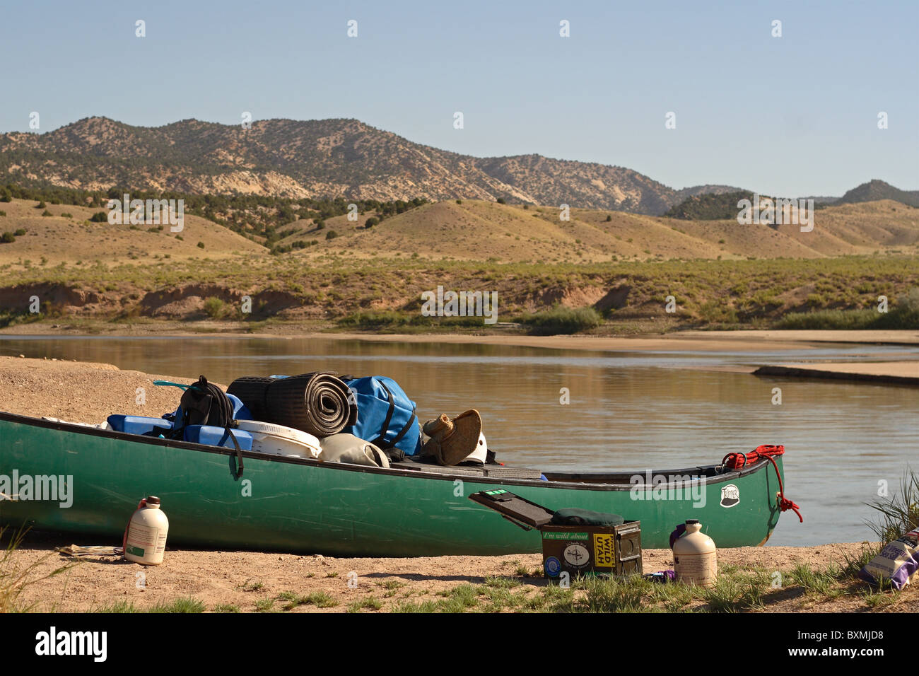 A Canoe loaded up for a week-long river trip Stock Photo - Alamy
