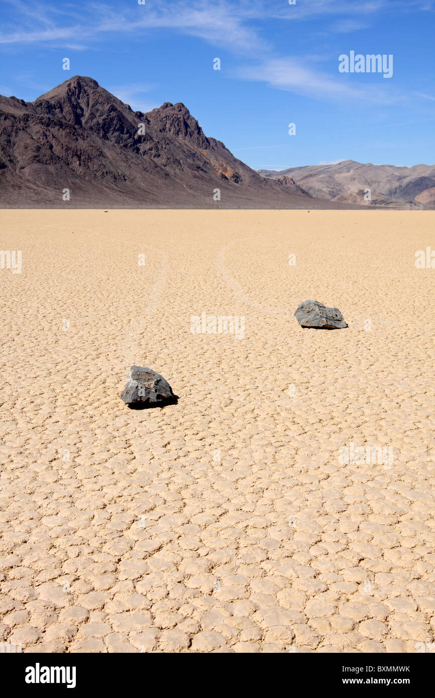 Trails created by moving rocks on the Racetrack Playa in Death Valley ...