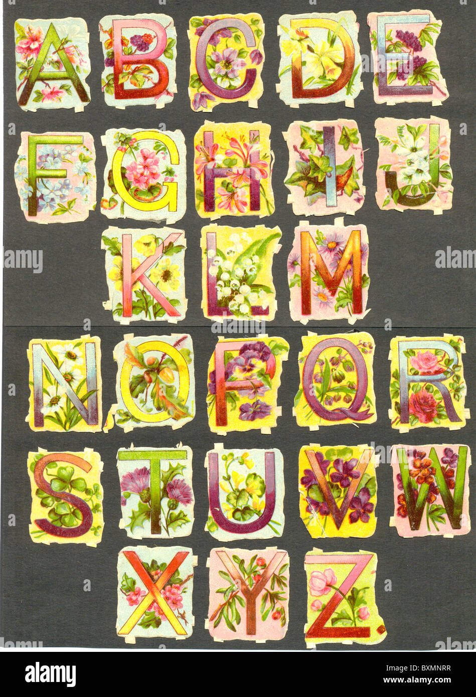 Chromolithographed floral scrap alphabet Stock Photo - Alamy