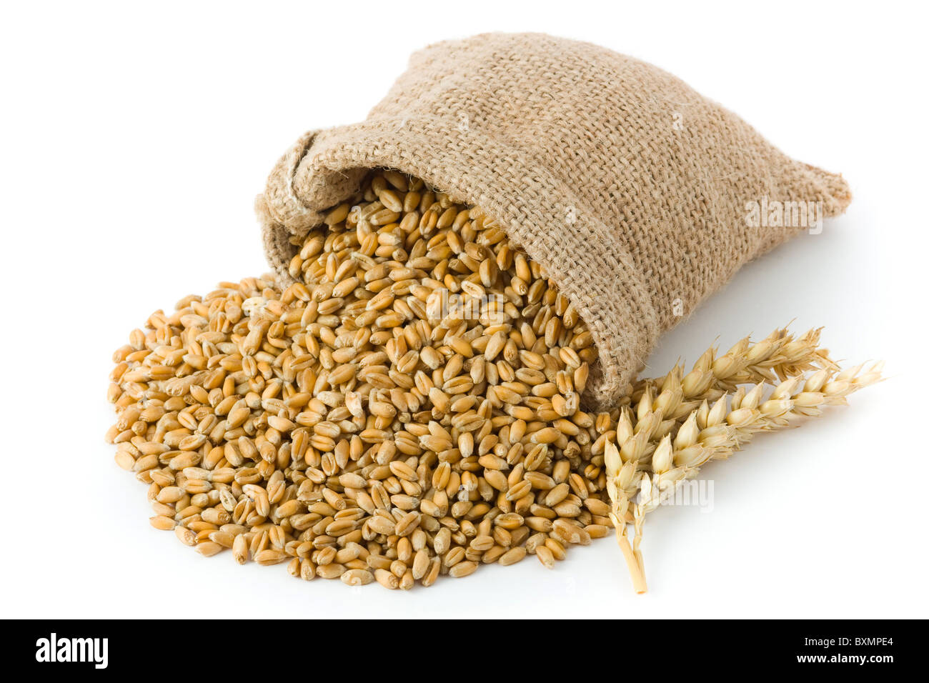 Wheat in small burlap sack Stock Photo - Alamy