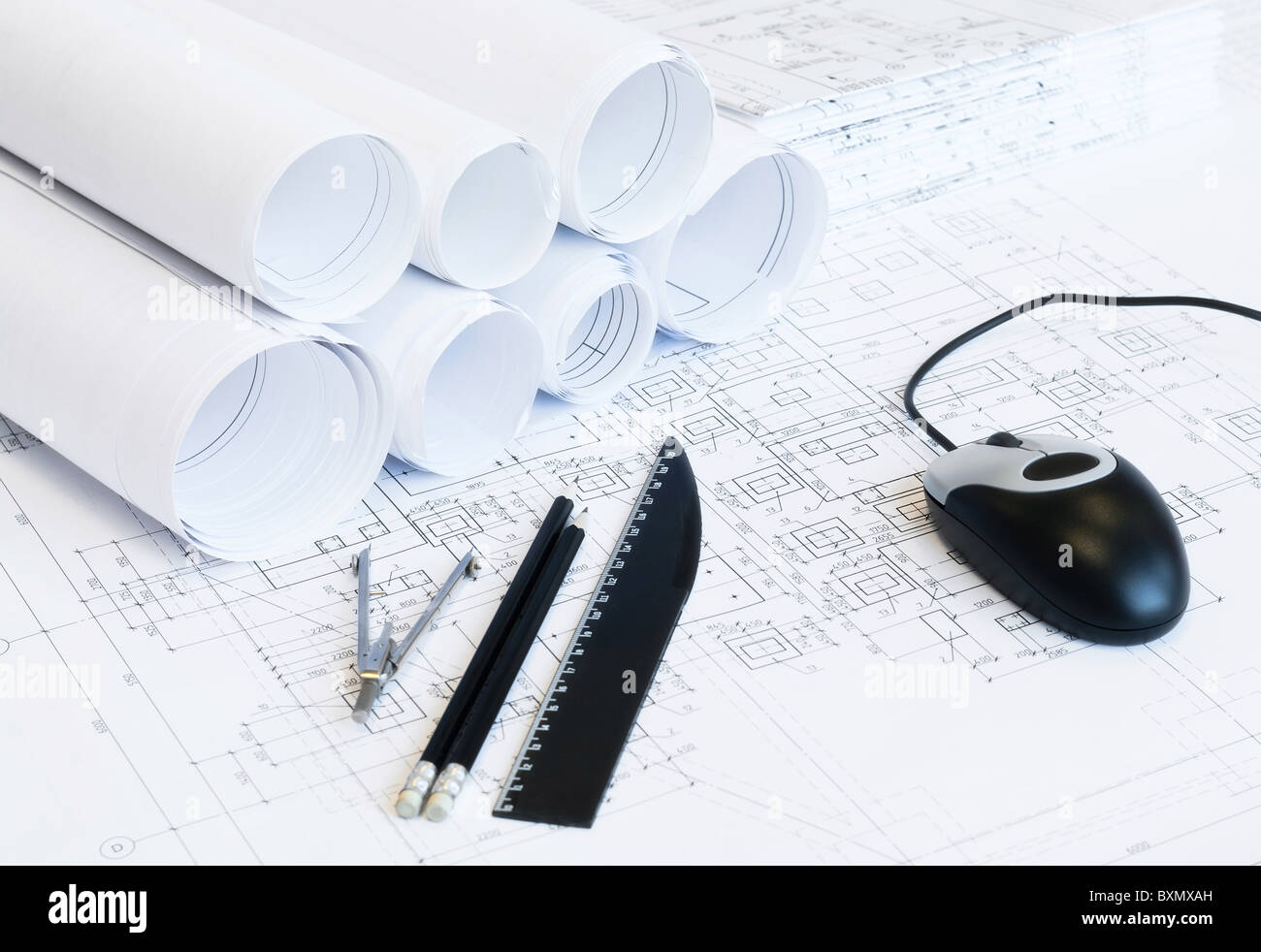Project engineering drawings and measurement tools on it Stock Photo ...