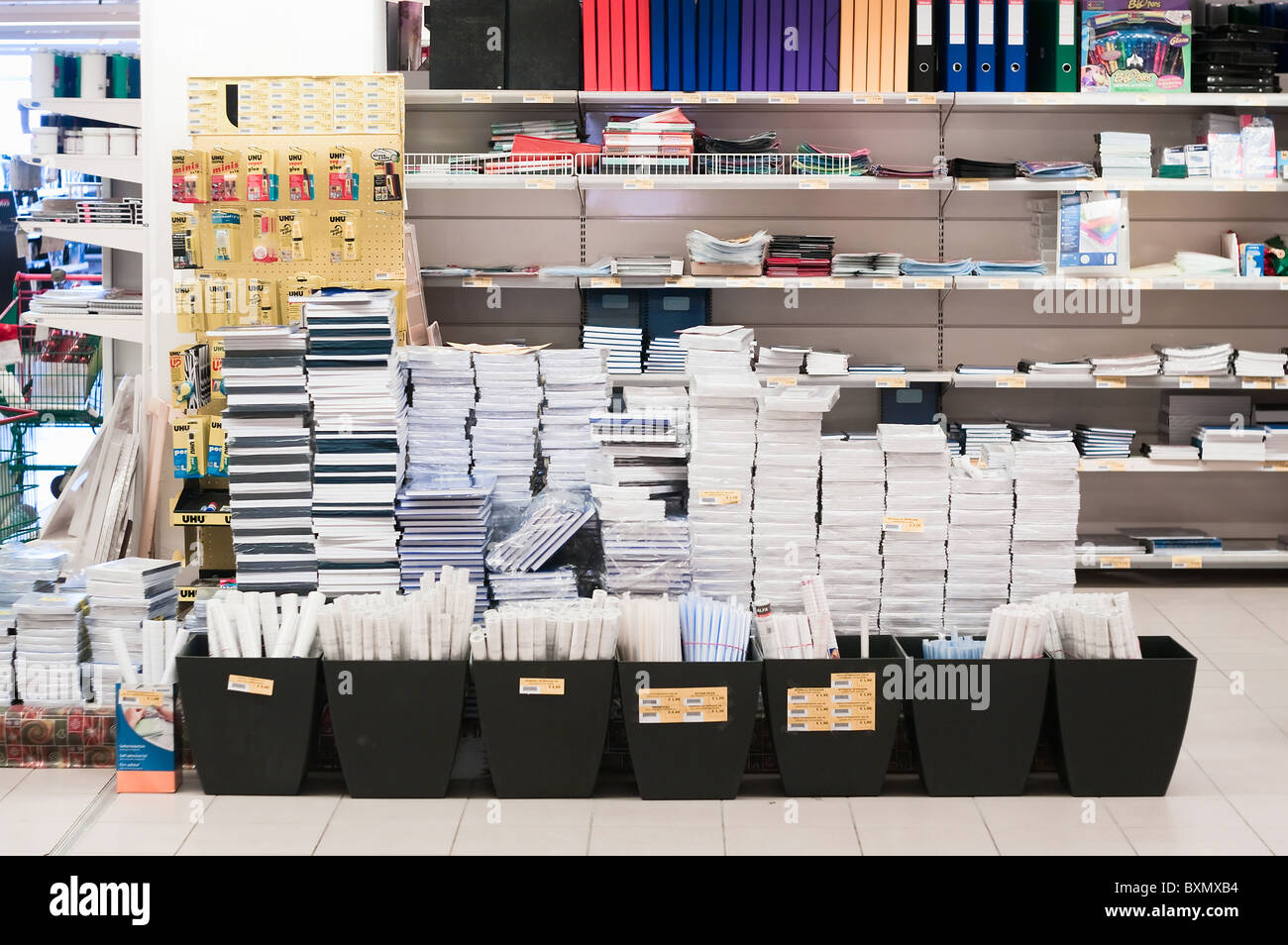 Big stack of stationery on sale in supermarket. Orphanides, Cyprus ...