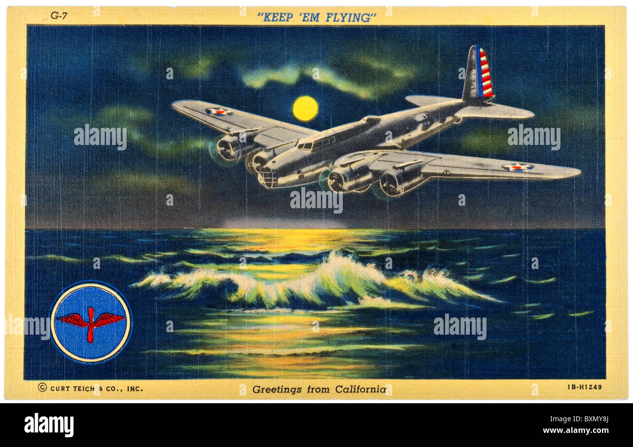 Vintage Teich postcard of military airplane flying over water at night ...