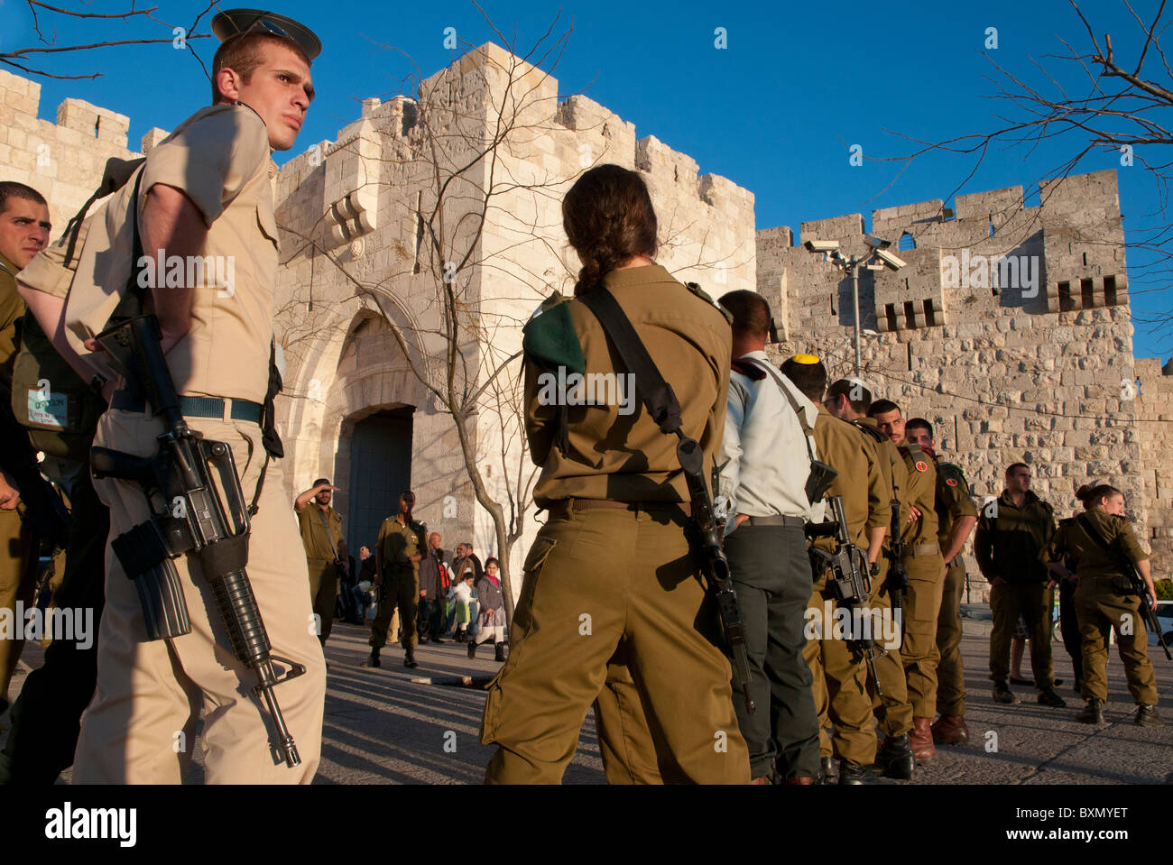 group of israeli soldiers with guns at Jaffa gate. Jerusalem Old City ...