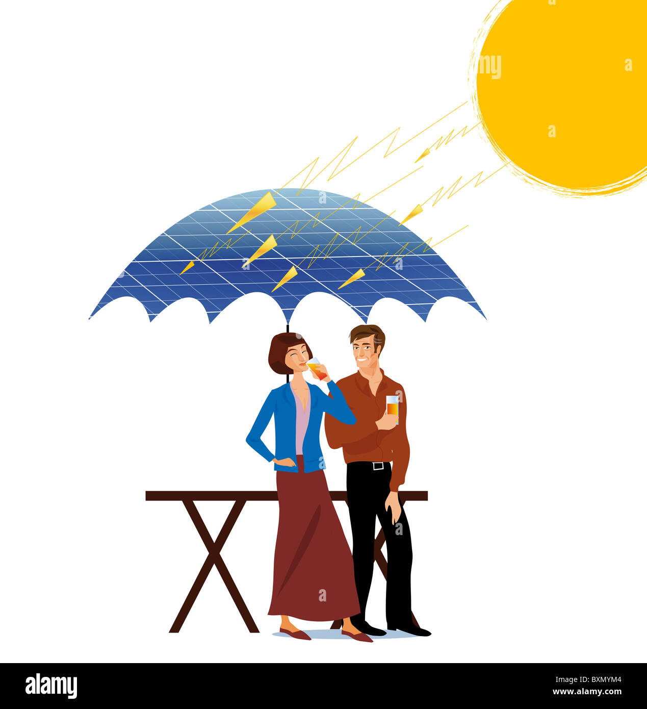 couples under a parasol in solar panels with the rays of the sun Stock ...