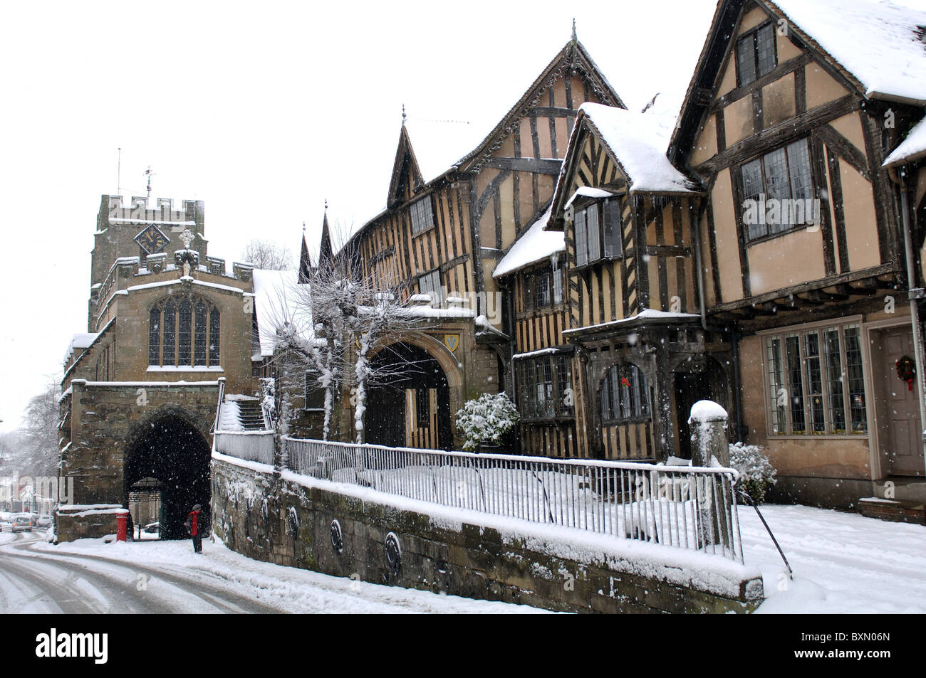 Westgate and Lord Leycester Hospital in winter with snow, Warwick, UK ...