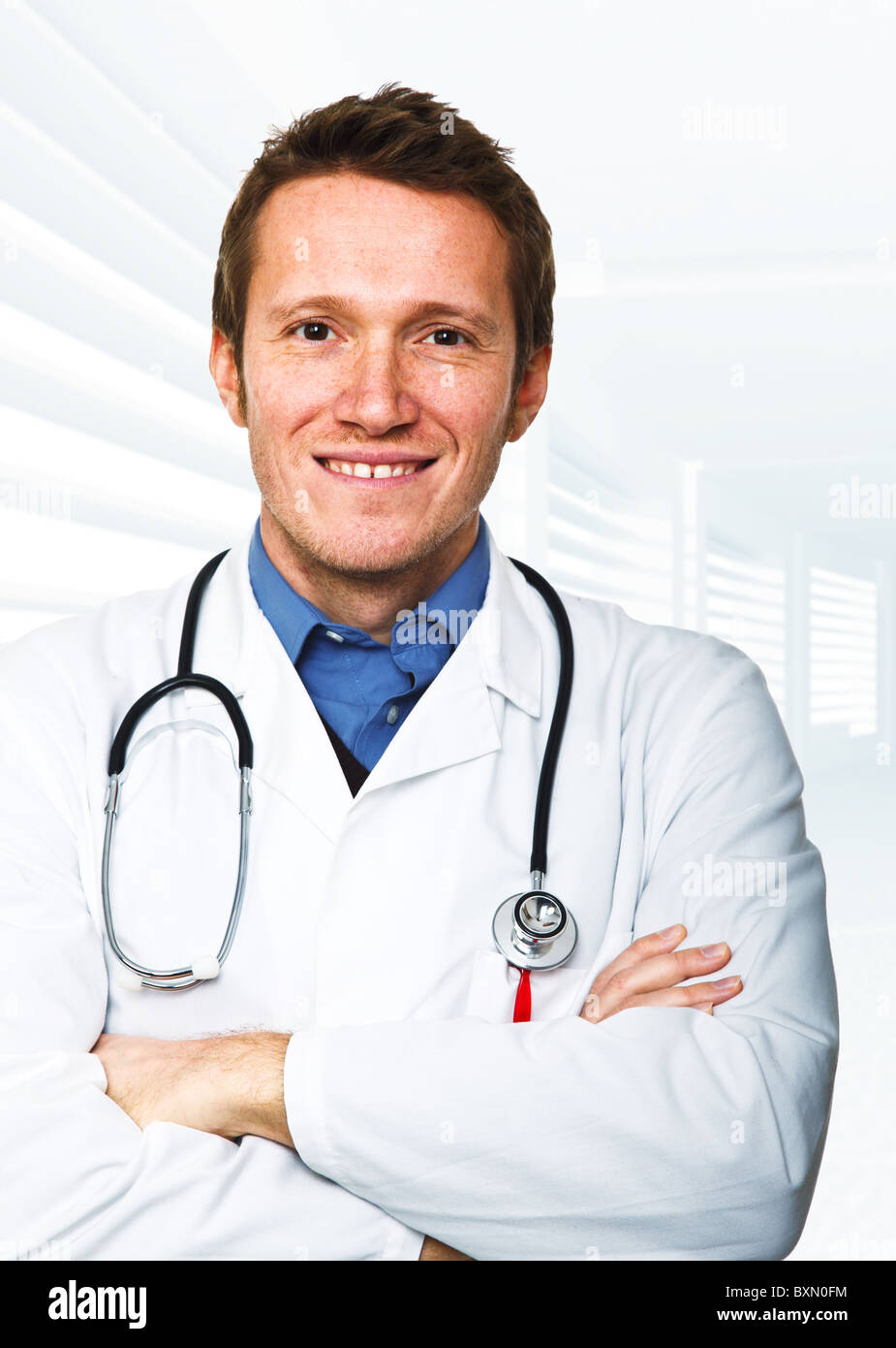 smiling doctor and 3d indoor background Stock Photo - Alamy